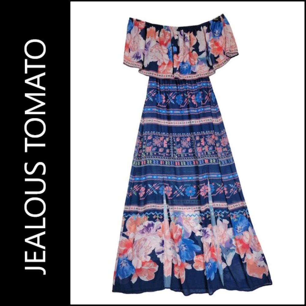 Jealous Tomato Off Shoulder Long Slit Dress Floral Si… - Gem